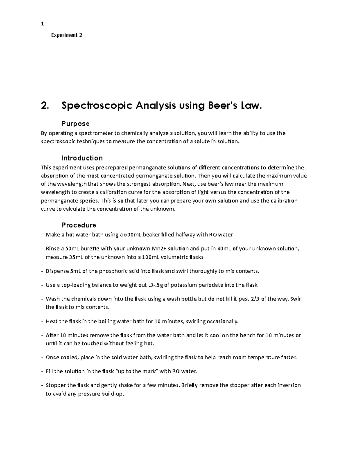 Chem 112 Spectroscopic Analysis Using Beers Law Experiment 2 2