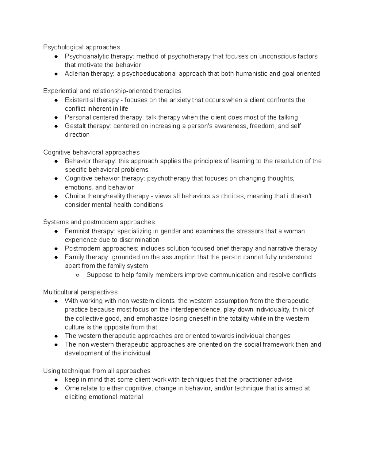 Chapter 1 Notes Psychological Approaches Psychoanalytic Therapy