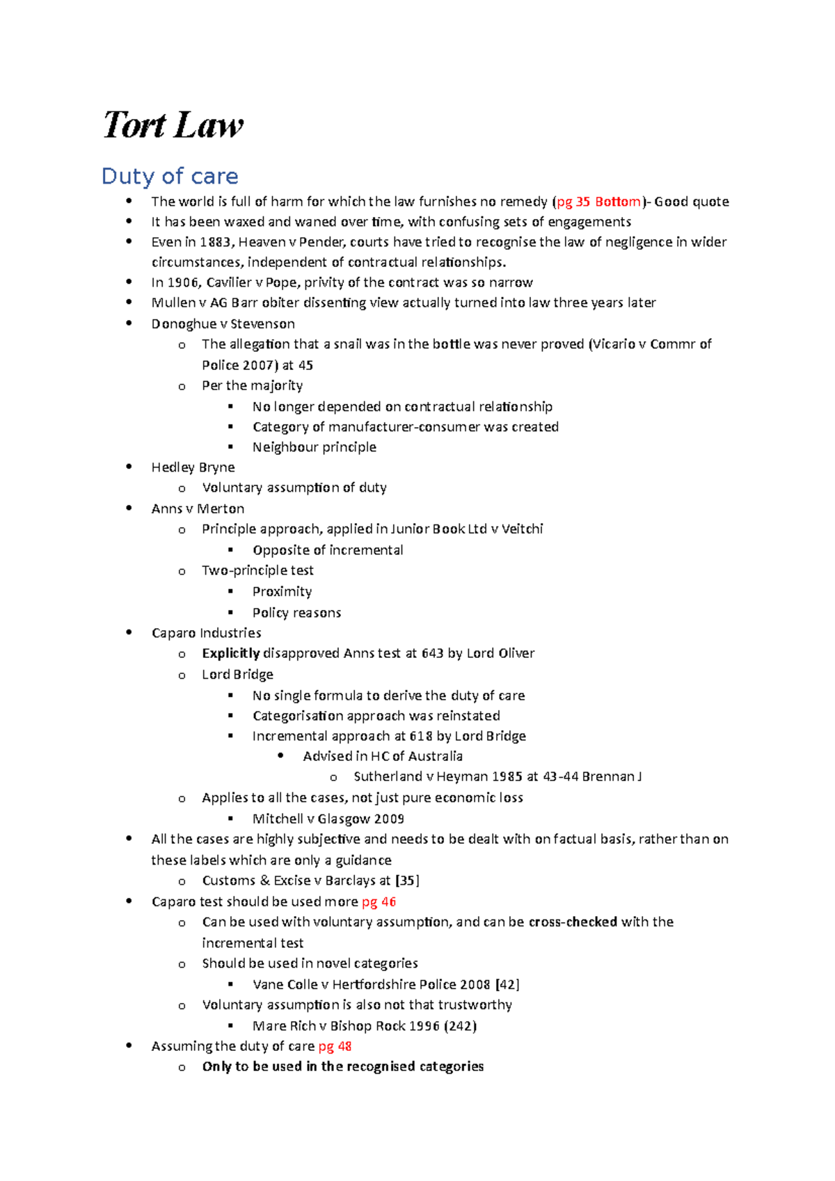 Tort Law Lecture Notes 1 11 Tort Law Duty Of Care The World Is Full