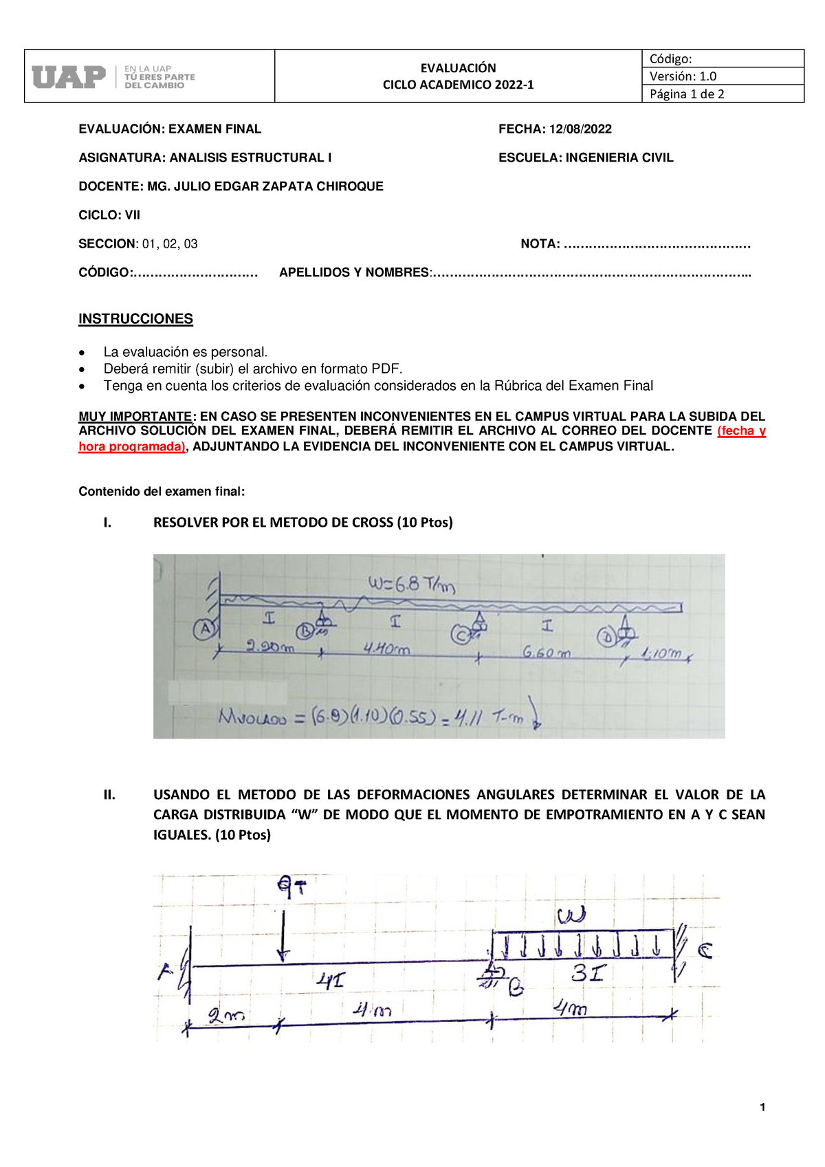 Examen Final Analisis Estructural I 2022 1 Evaluaci”n Ciclo Academico