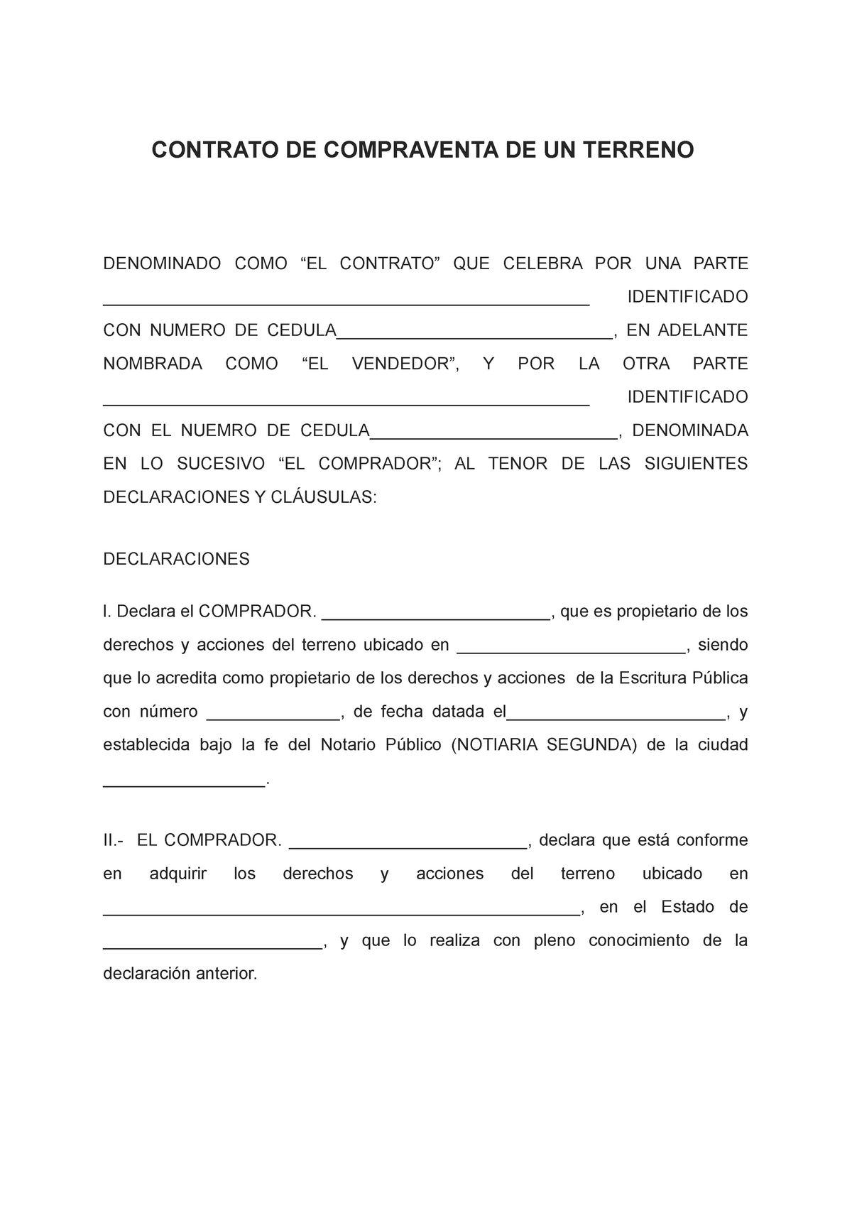 Formato De Contrato De Compraventa De Terreno De Un Terreno Contrato