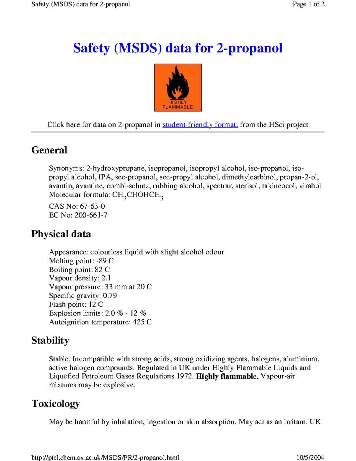 2 Propanol Copy Lab Safety Msds Data For 2 Propanol Click Here