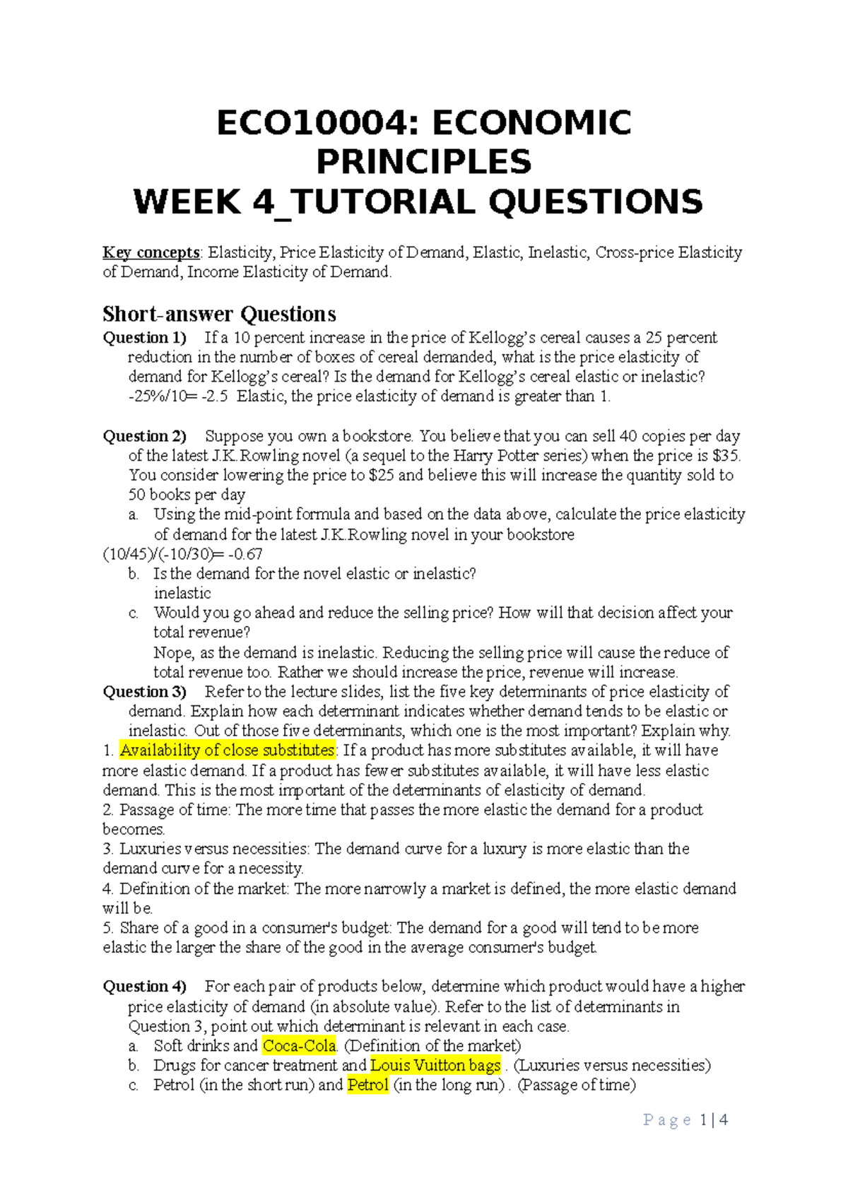 Week 4 Tutorial Questions Eco10004 Economic Principles Week 4