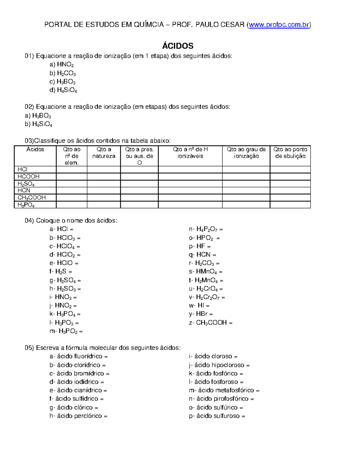 Exercícios De ácidos E Bases