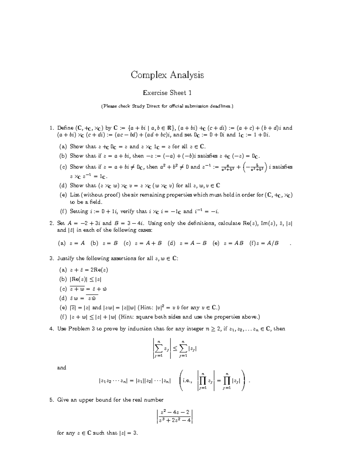 Complex Analysis Worksheet 1 2016 Complex Analysis Exercise Sheet 1