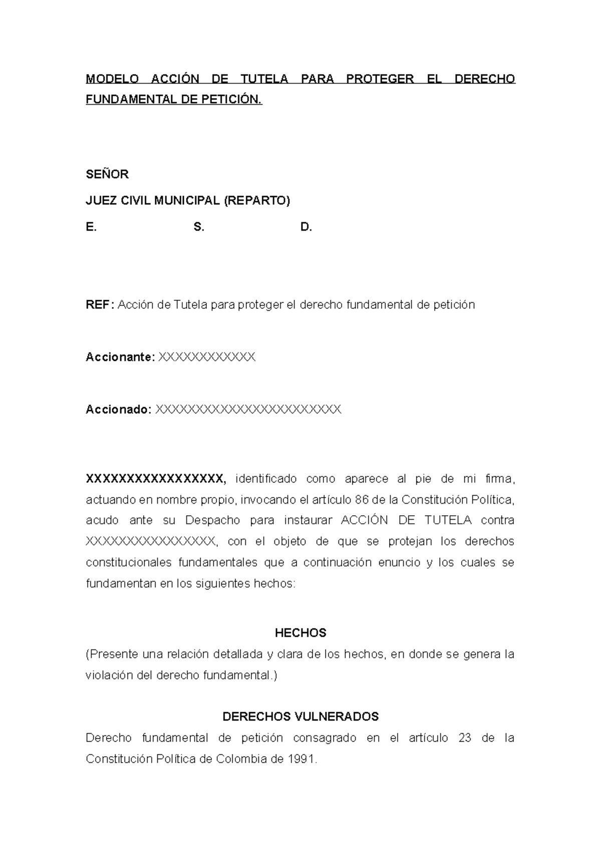 Modelo Acción De Tutela Para Proteger El Derecho Fundamental De