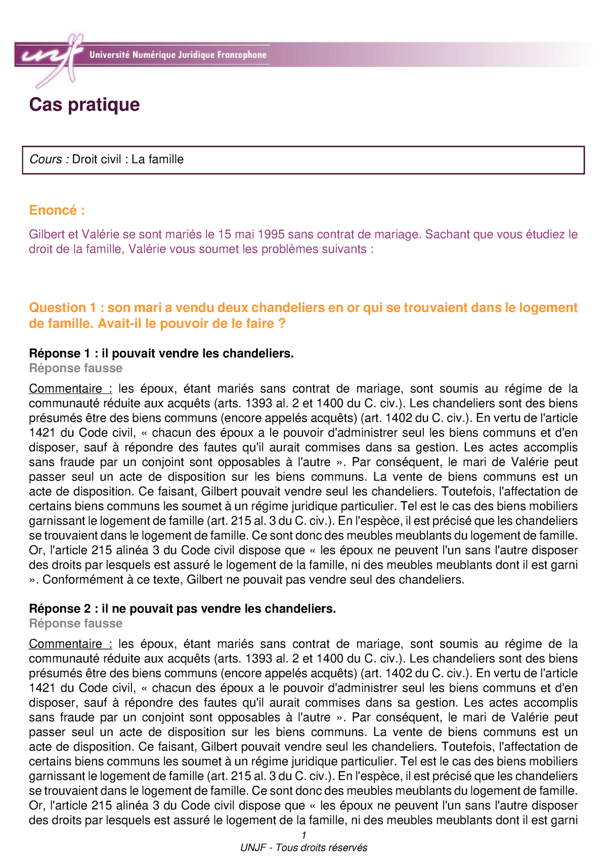 Cas Pratique Les Effets Du Mariage 1 Cas Pratique Cours Droit Civil