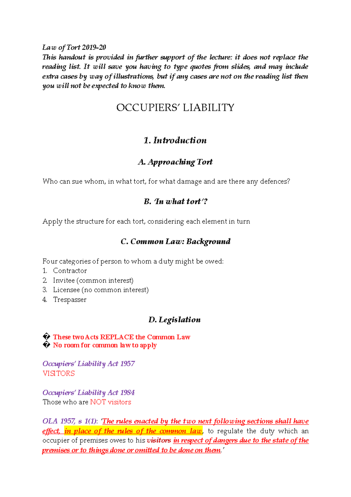 Occupiers Liability Lecture Handout Law Of Tort 2019 This Handout Is