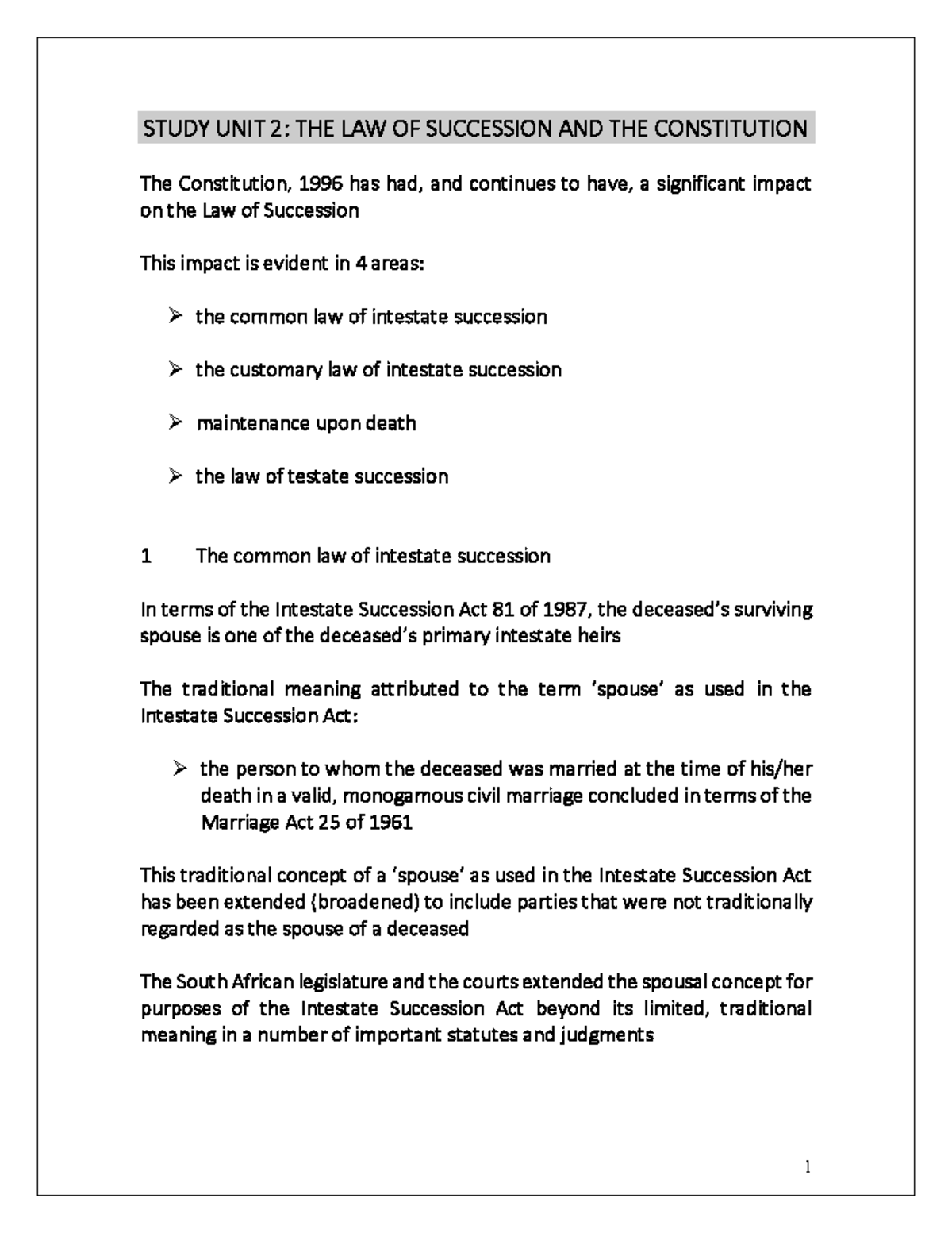 Succession Unit 02 Study Unit 2 The Law Of Succession And The