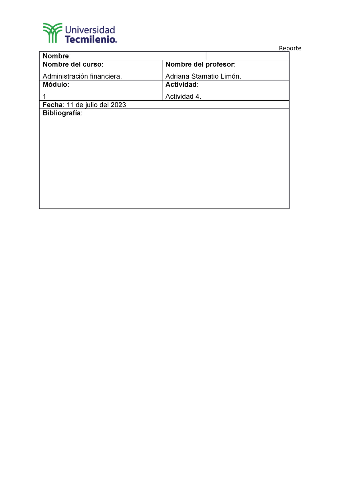 Actividad 4 Administracion Financiera Nombre Nombre Del Curso