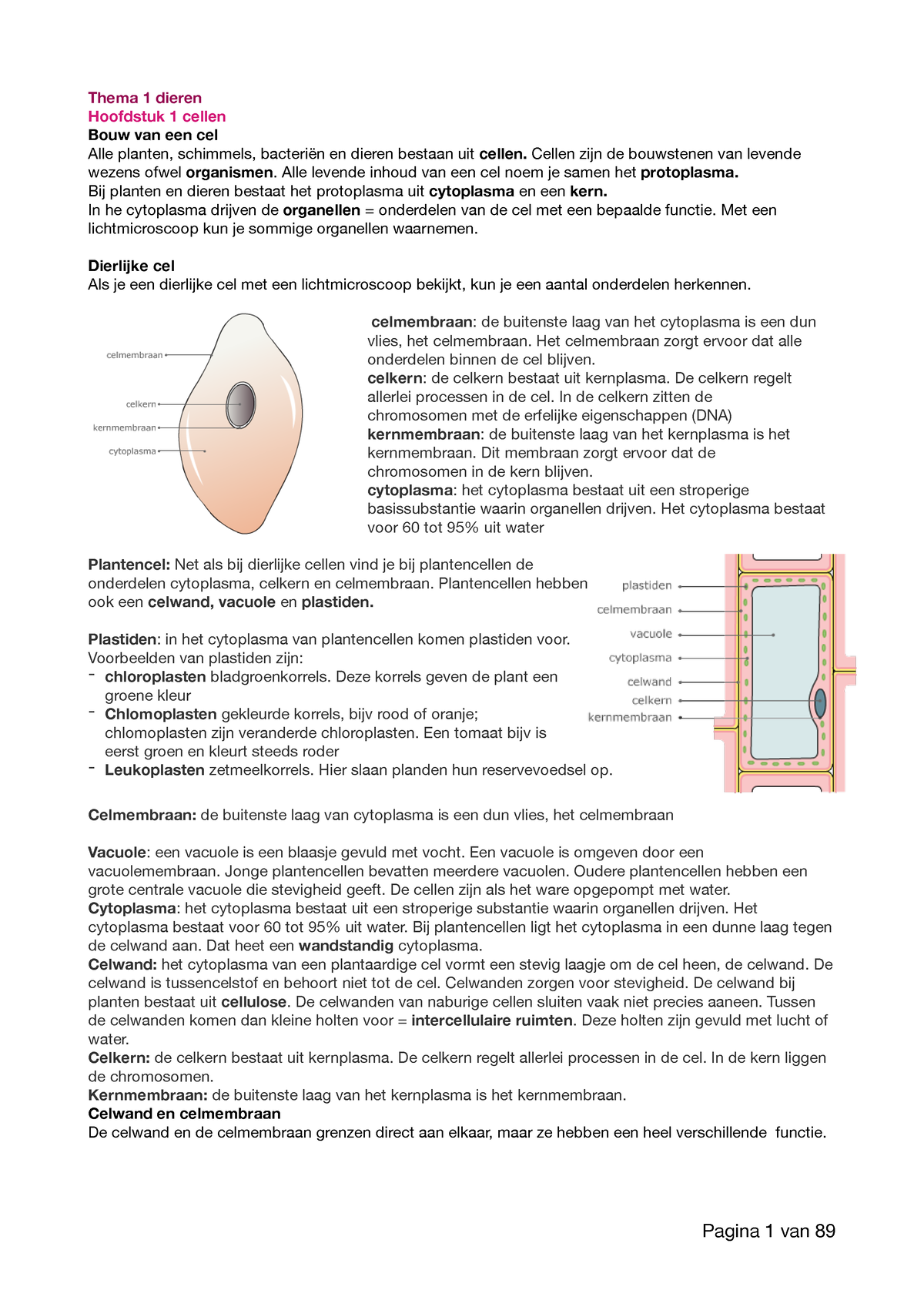 Complete Samenvatting Biologie Thema 1 Dieren Hoofdstuk 1 Cellen Bouw