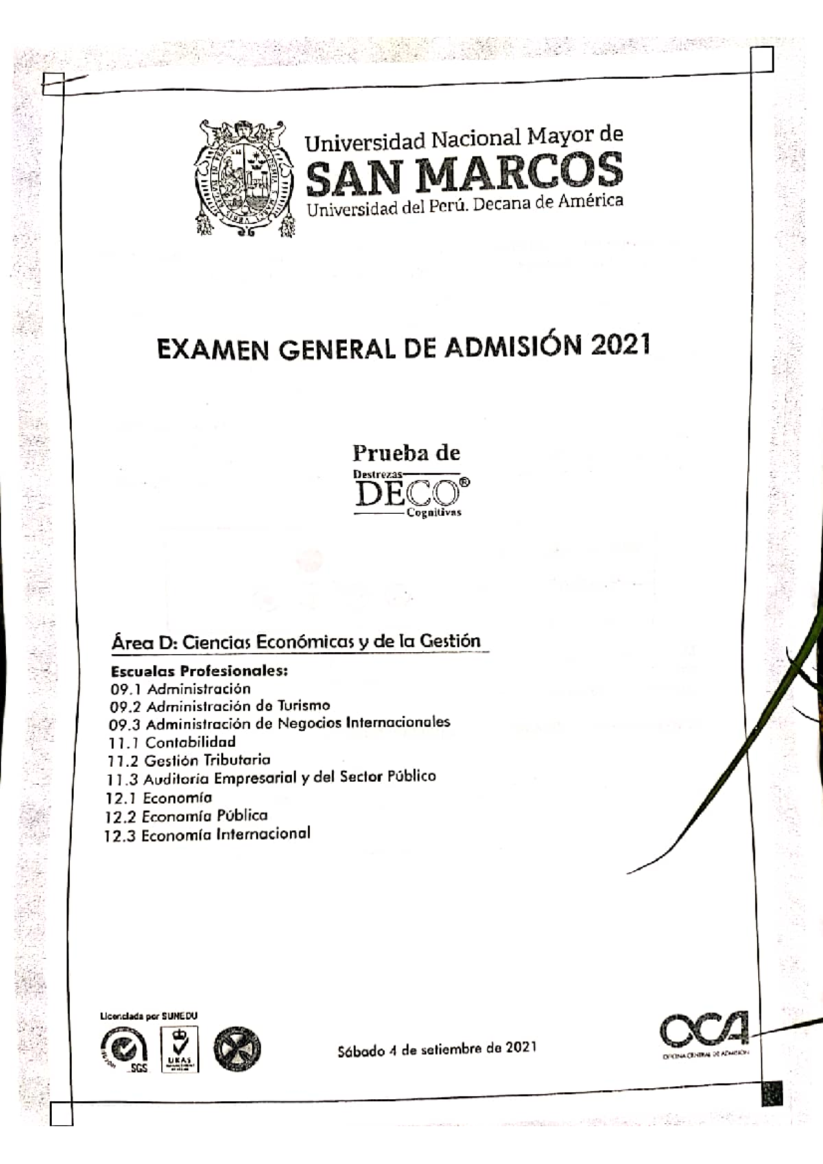 Examen De Admisión Unmayyo De San Marcos Exámen De Admisión Studocu