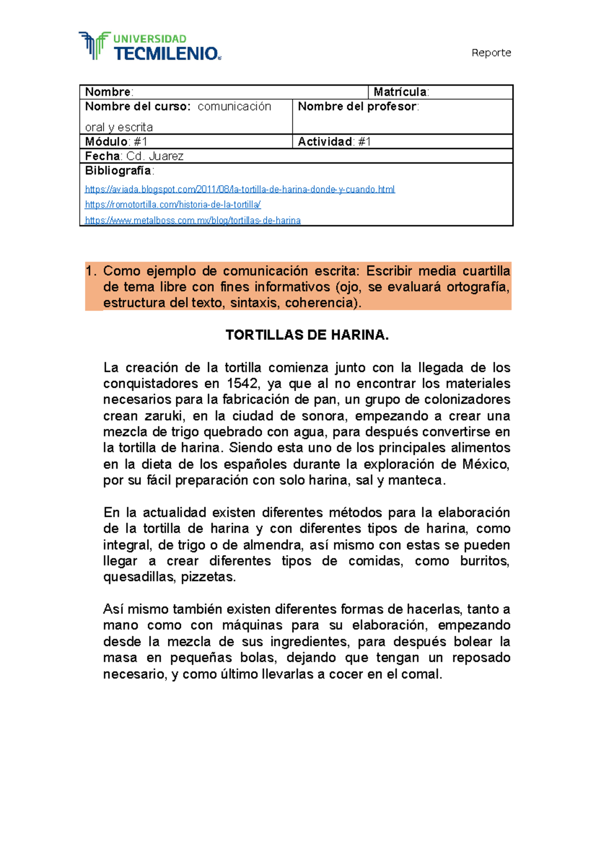 Actividad 1 De Comunicación Oral Y Escrita Reporte Nombre Matrícula