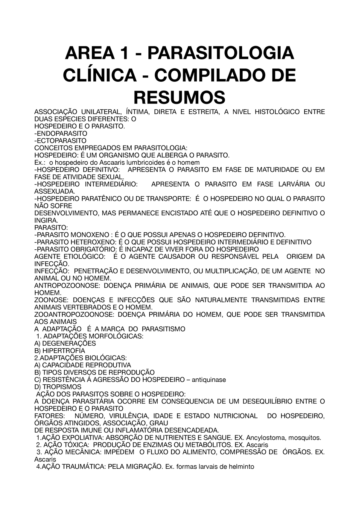 Resumo Parasito Area 1 Area 1 Parasitologia ClÍnica Compilado De