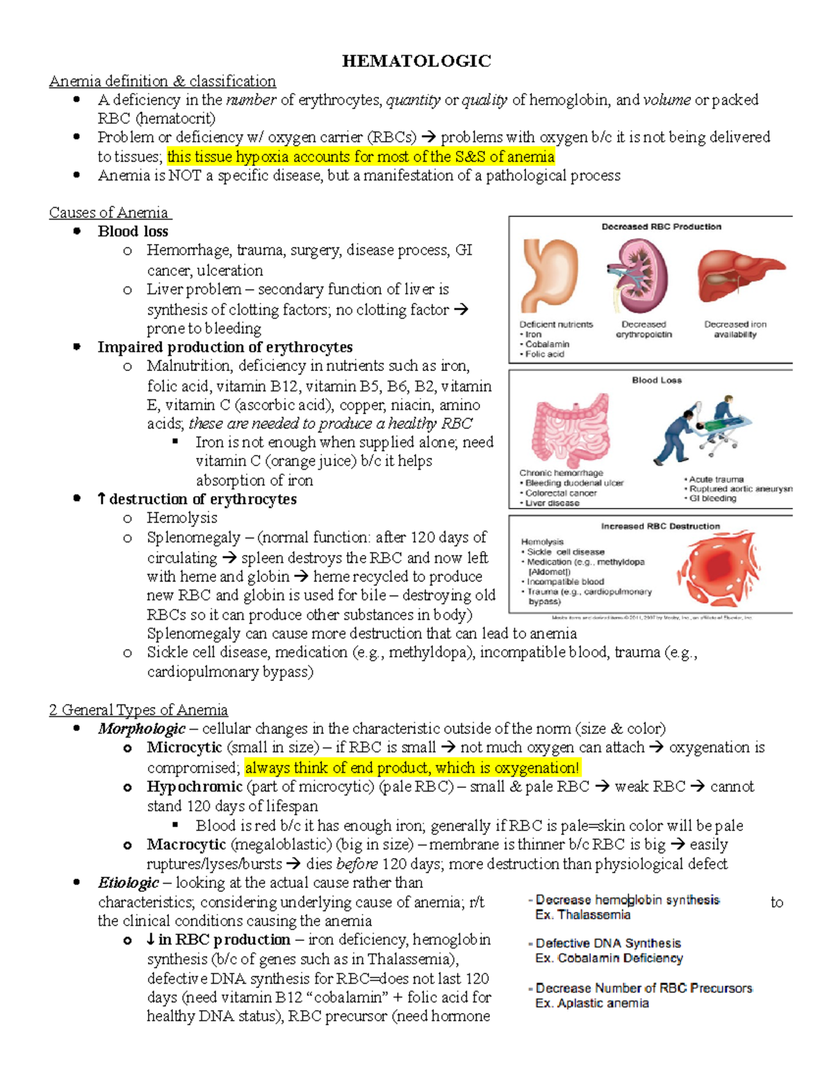 Hematology Outline Hematologic Anemia Definition Classification A