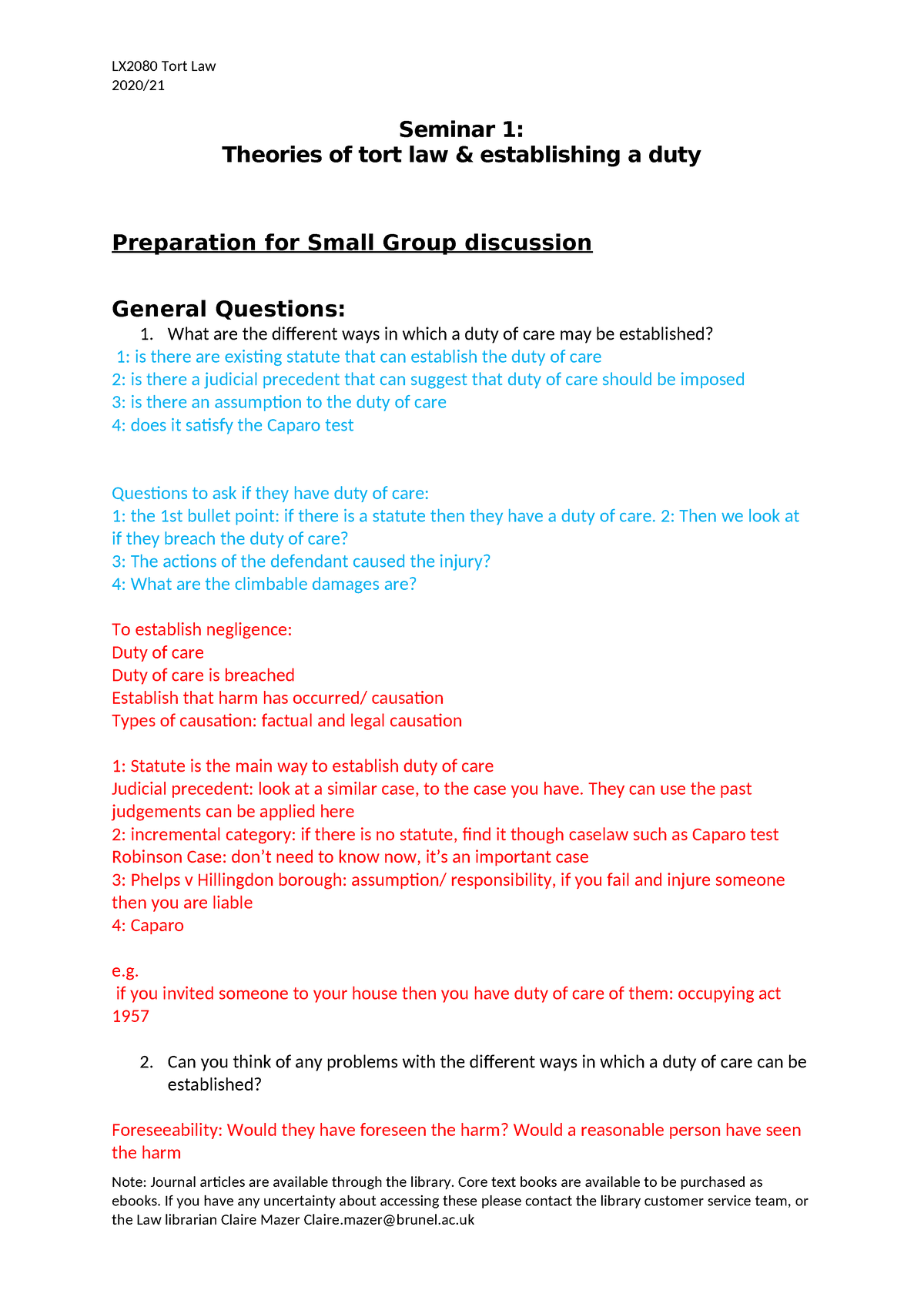 Questionanswer Seminar 1 Tort Law 2020 Seminar 1 Theories Of