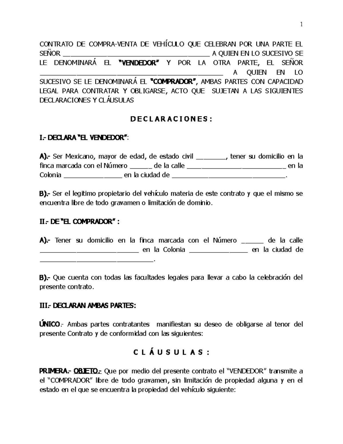 Formato De Contrato Compraventa De Vehículo Automotriz Contrato De