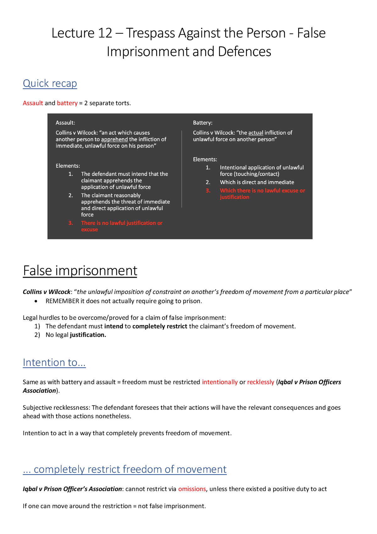 False Imprisonment And Defences Tort Law Lecture Notes Lecture 12