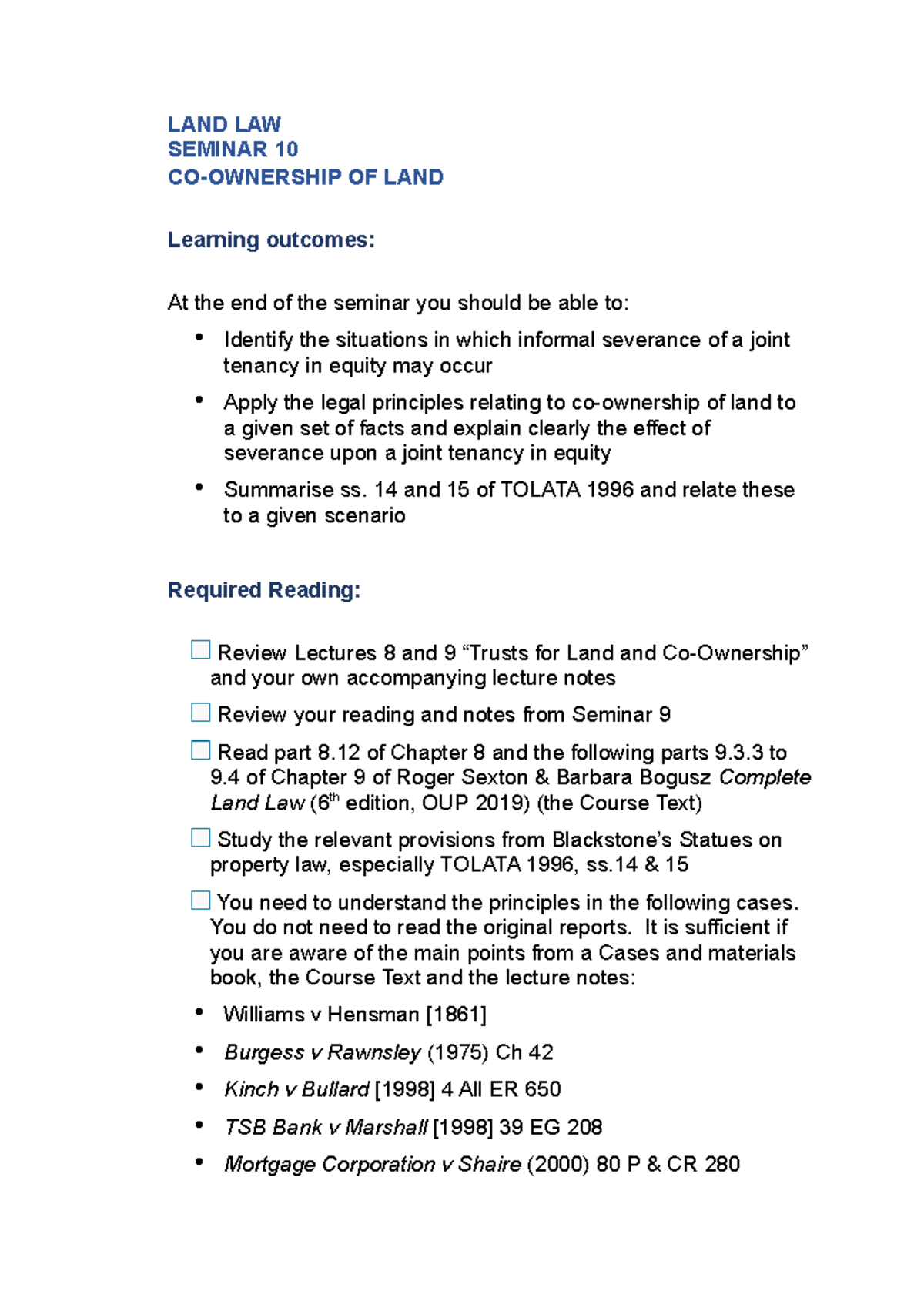 Co Ownership Of Land Seminar Questions Plus Answers Land Law