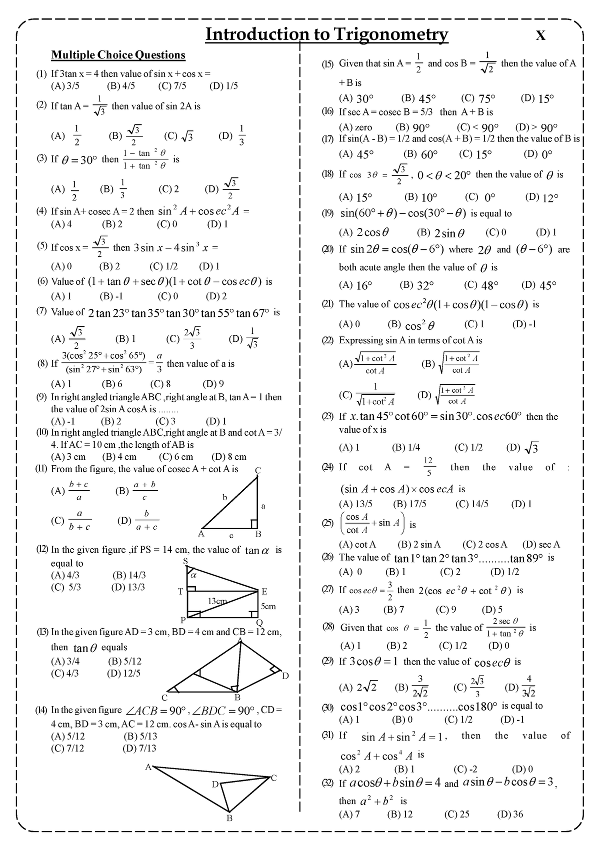 Introduction To Trigonometry Mcqs Introduction To Trigonometry