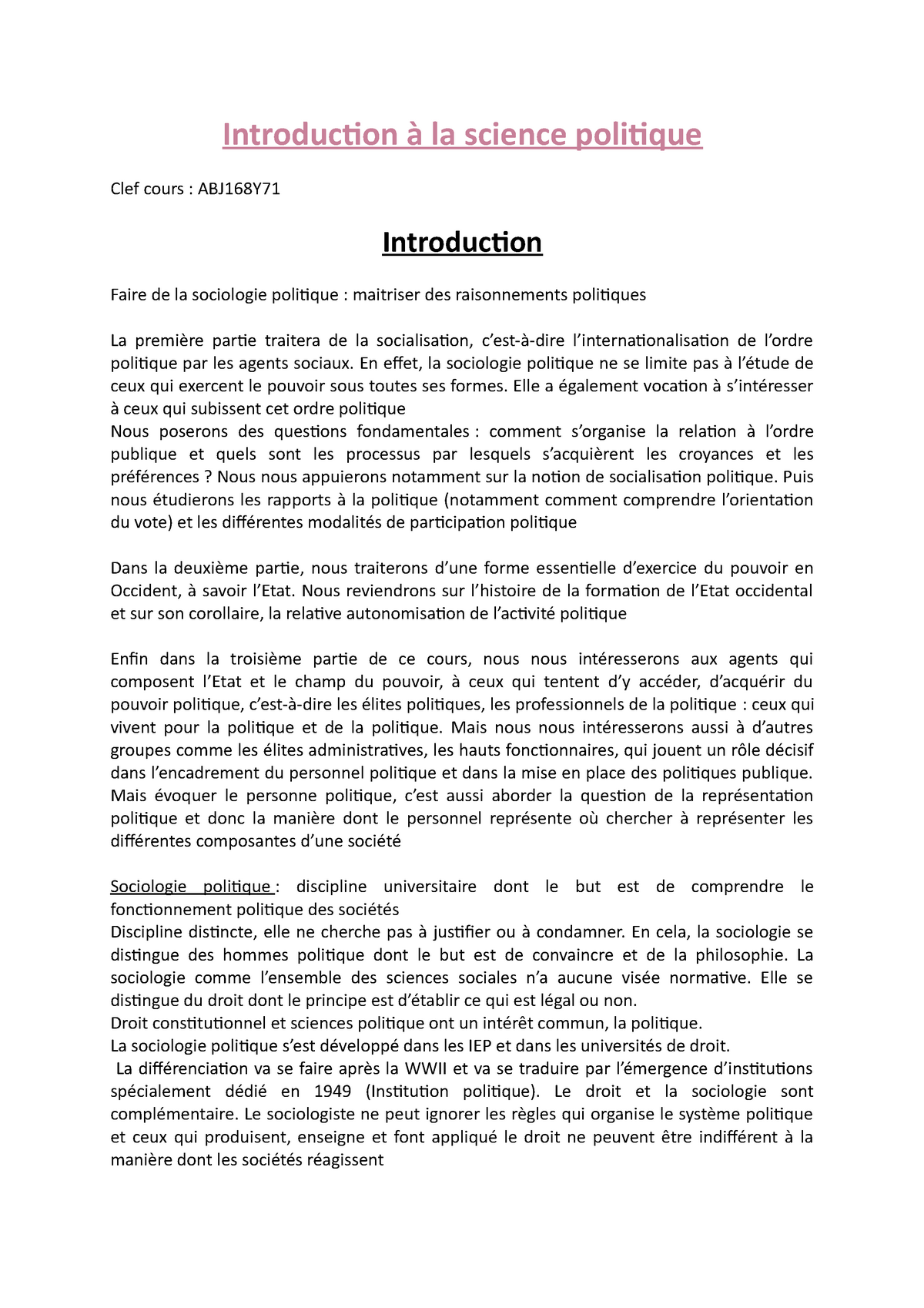 Introduction à La Science Politique Introduction à La Science