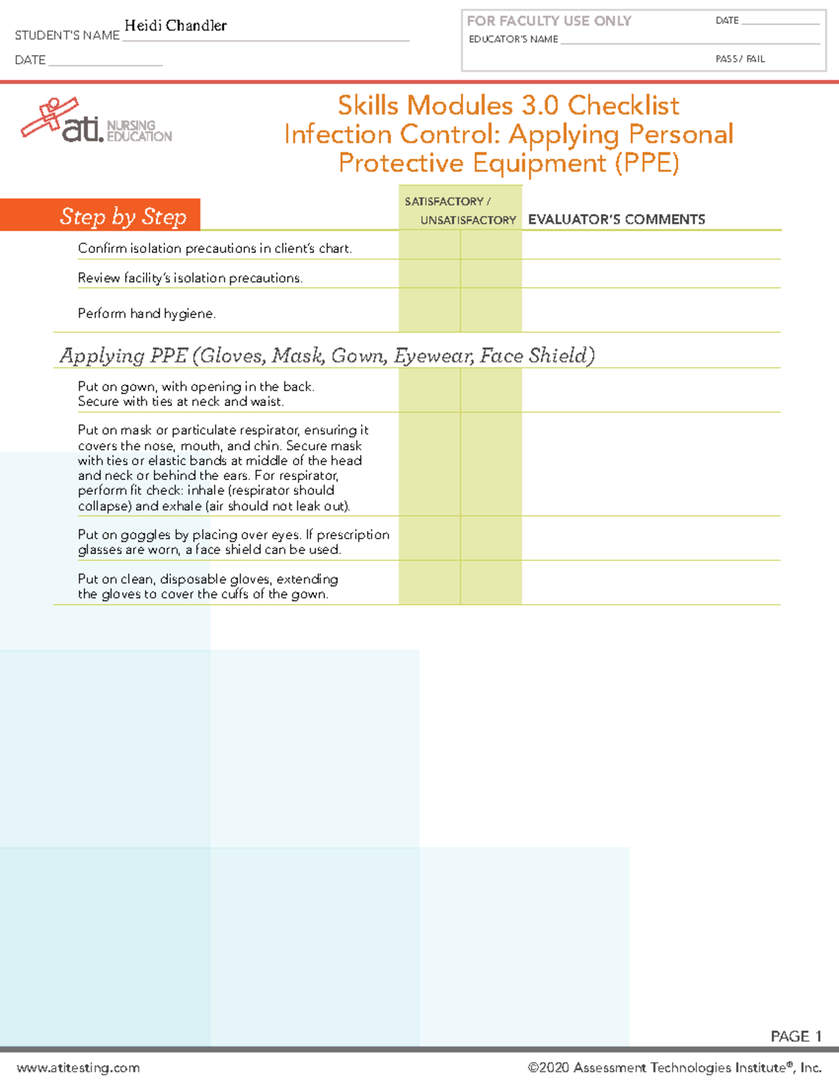 Skills 3 Checklist Infection Control Applying Ppe Educator