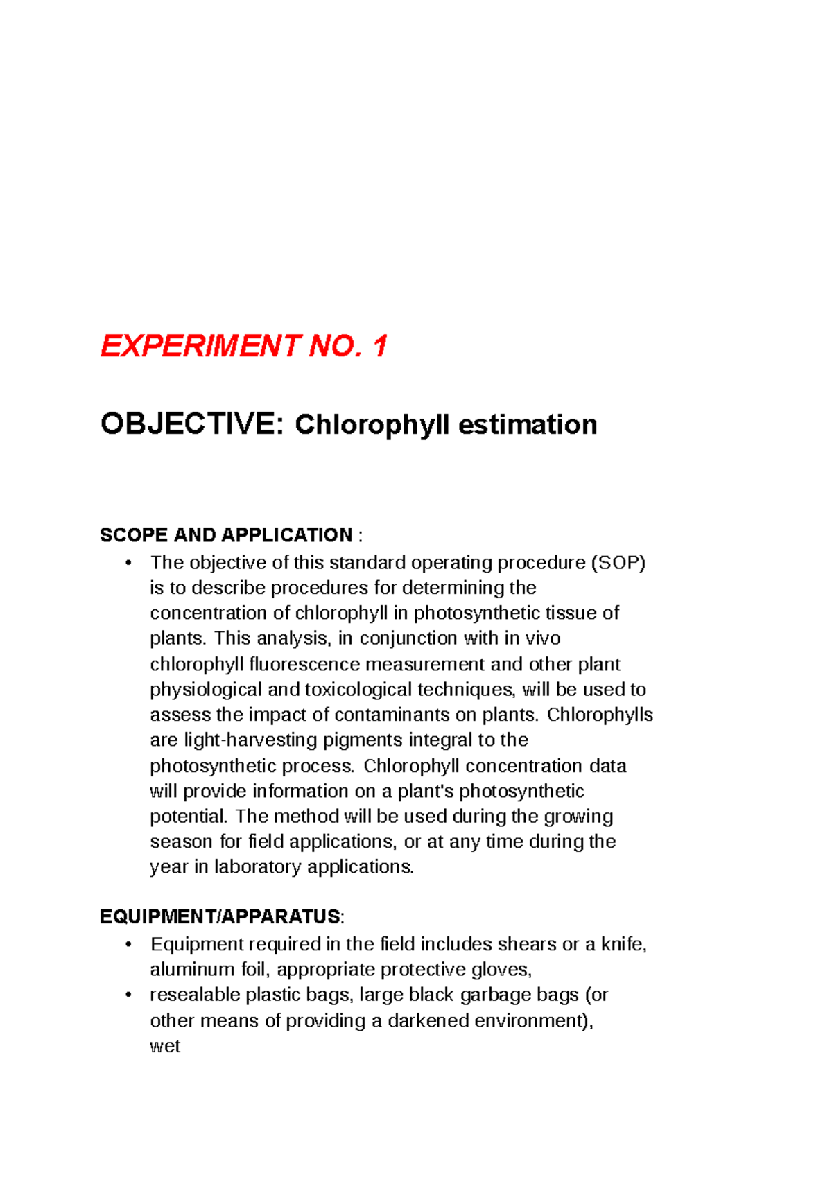 Chlorophyll Estimation Experiment No 1 Objective Chlorophyll