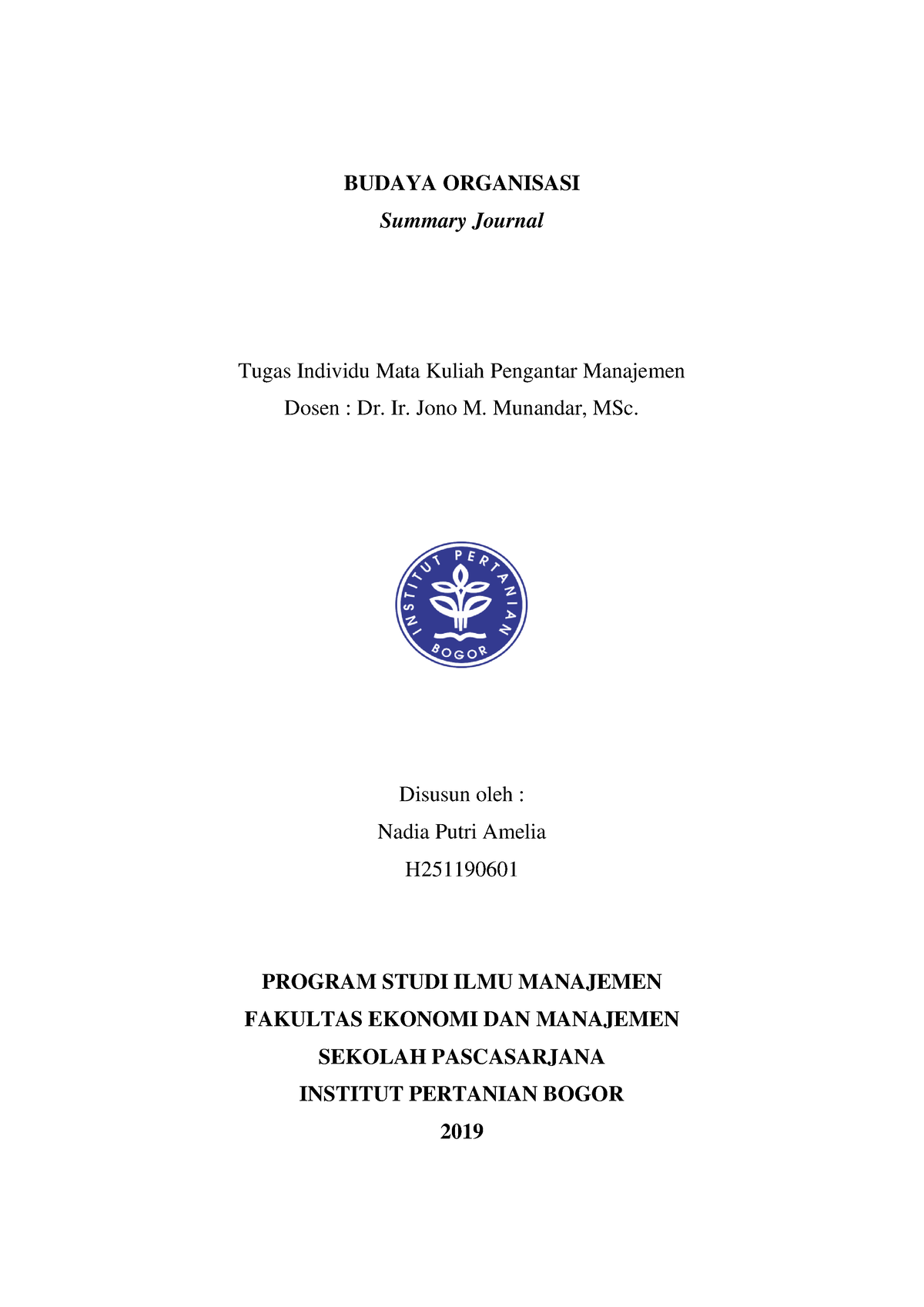 Pengantar Manajemen Tugas 2 Budaya Organisasi Summary Journal Tugas