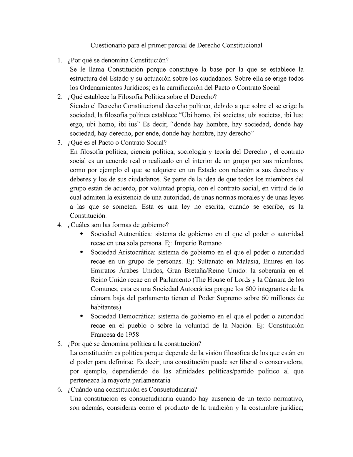 Cuestionario Para El Primer Parcial De Derecho Constitucional 1 Sobre