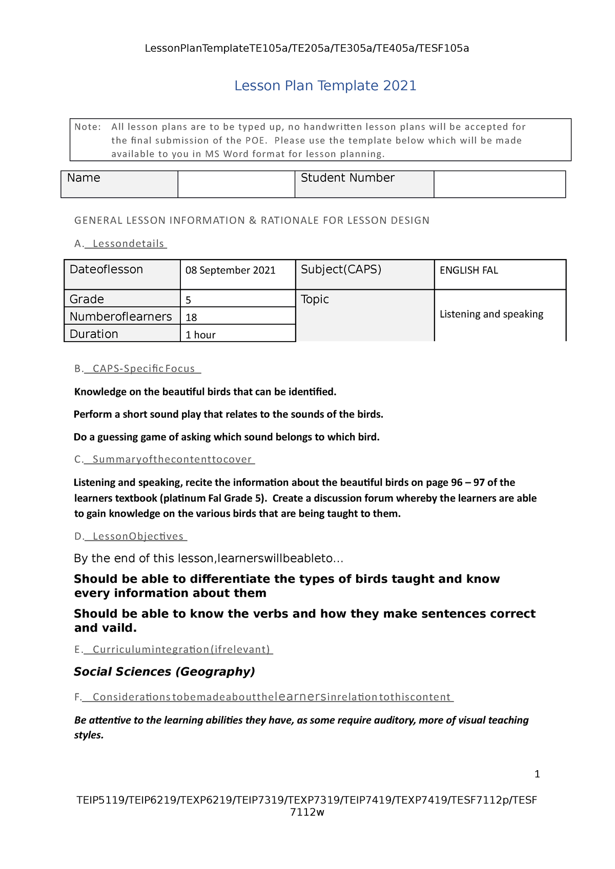 English Fal Lesson Plan Lesson Plan Template 2021 Note All Lesson