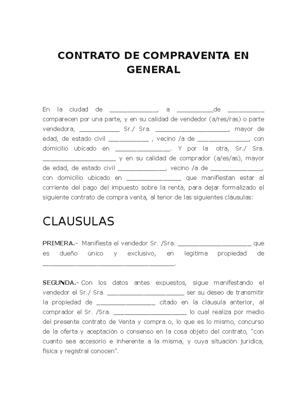 Contrato De Compraventa En General Contrato De Compraventa En General