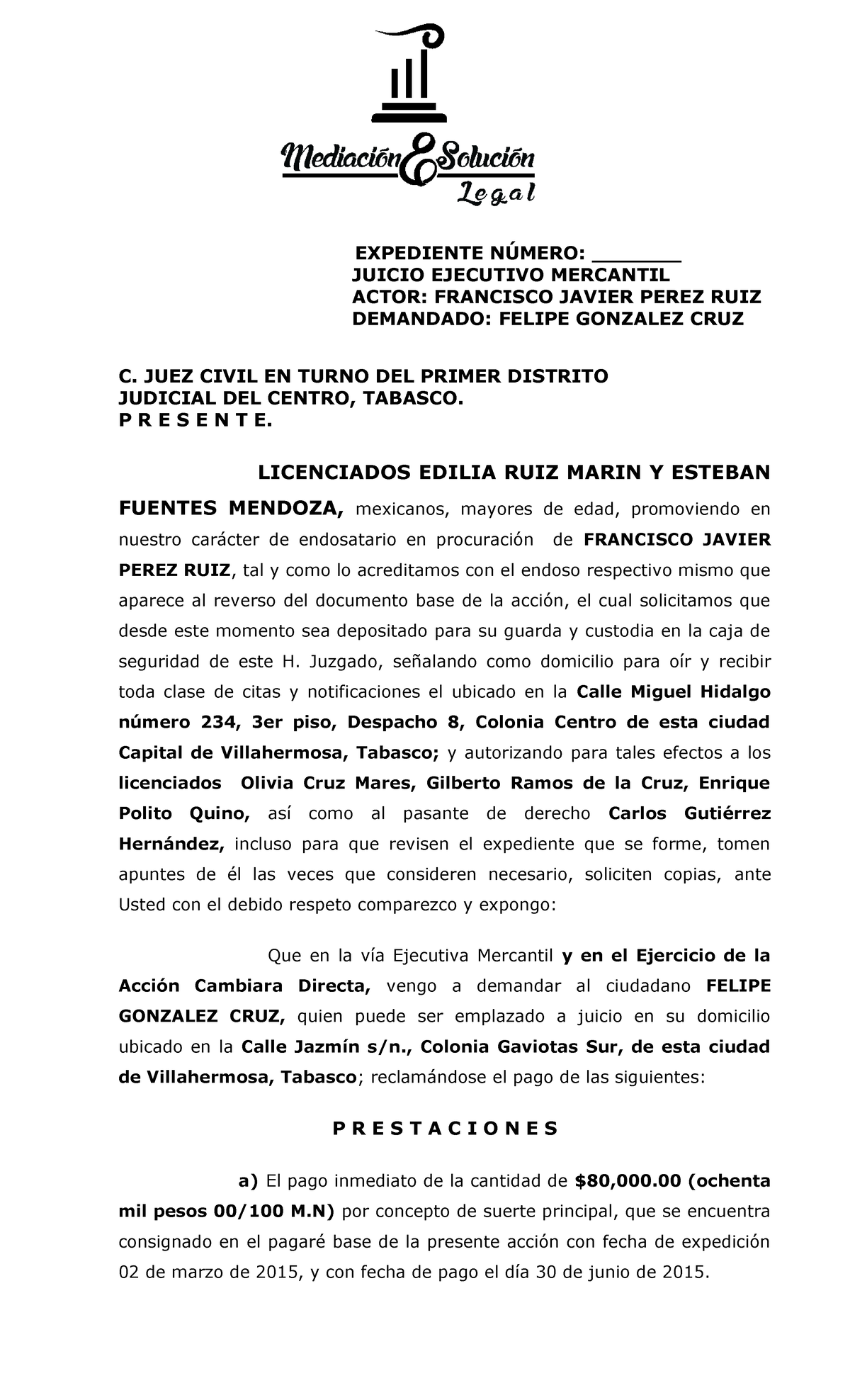 Demanda Mercatil Francisco Javier Expediente NÚmero Juicio