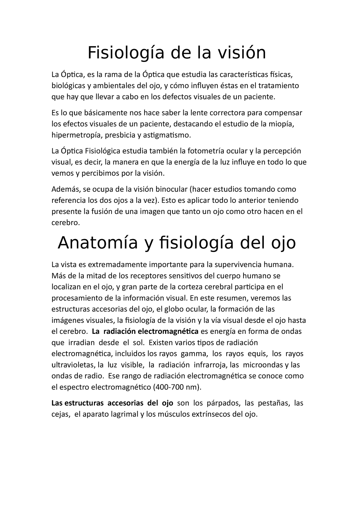 Fisiología De La Visión Tarea Fisiología De La Visión La Óptica Es