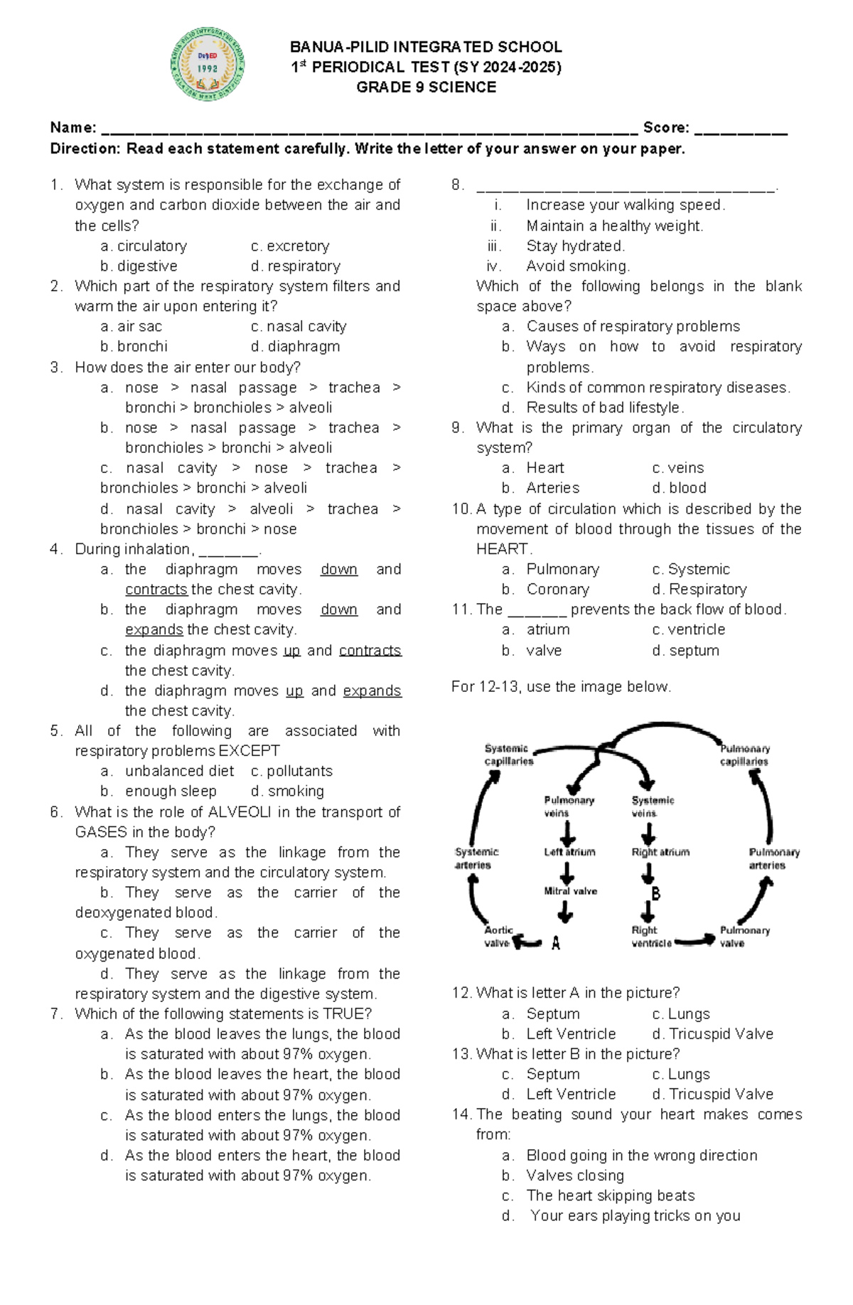 1st Periodic Test Science 9 Banua Pilid Integrated School 1 St