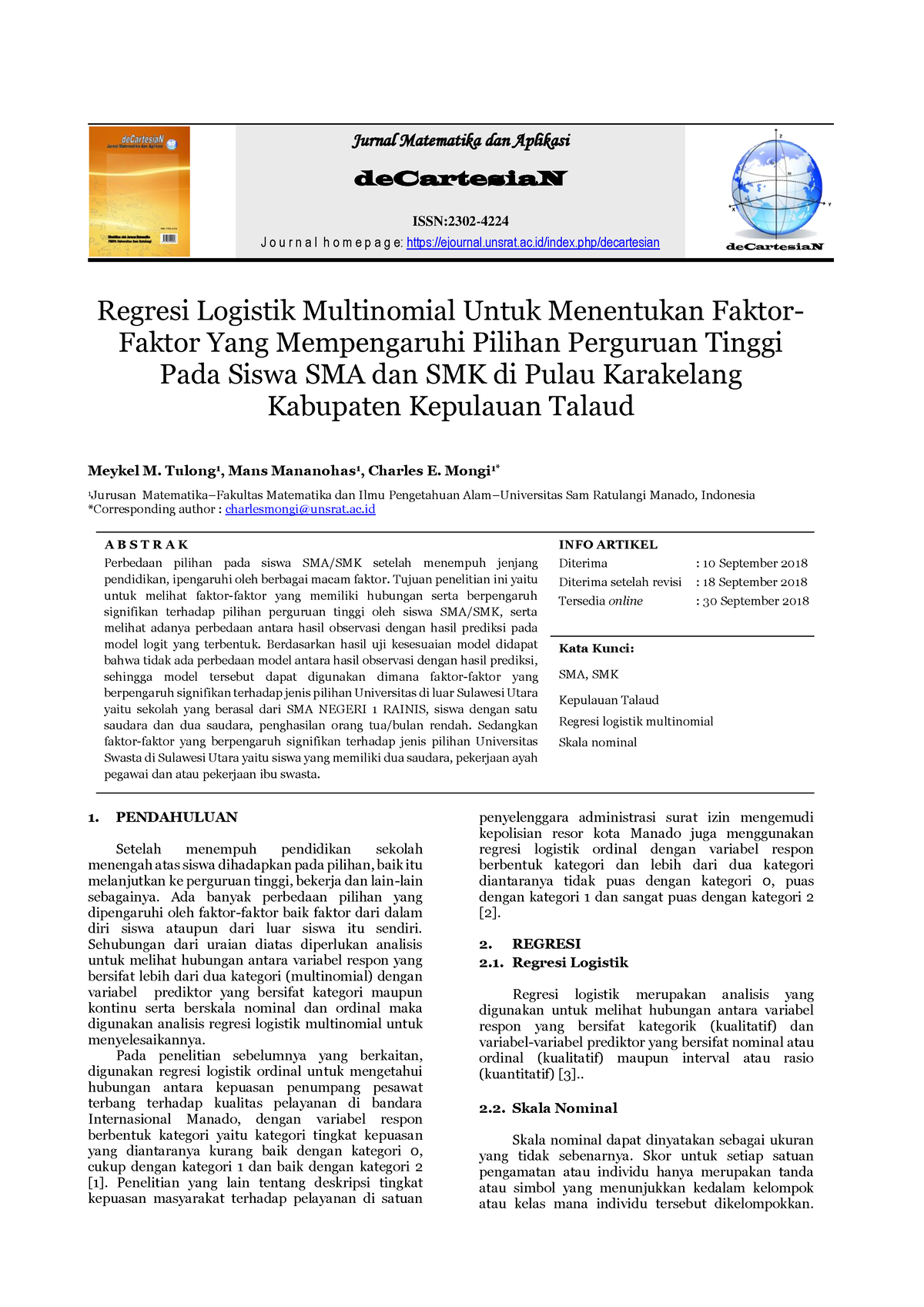 21456 43748 1 Sm Regresi Logistik Multinomial Untuk Menentukan Faktor