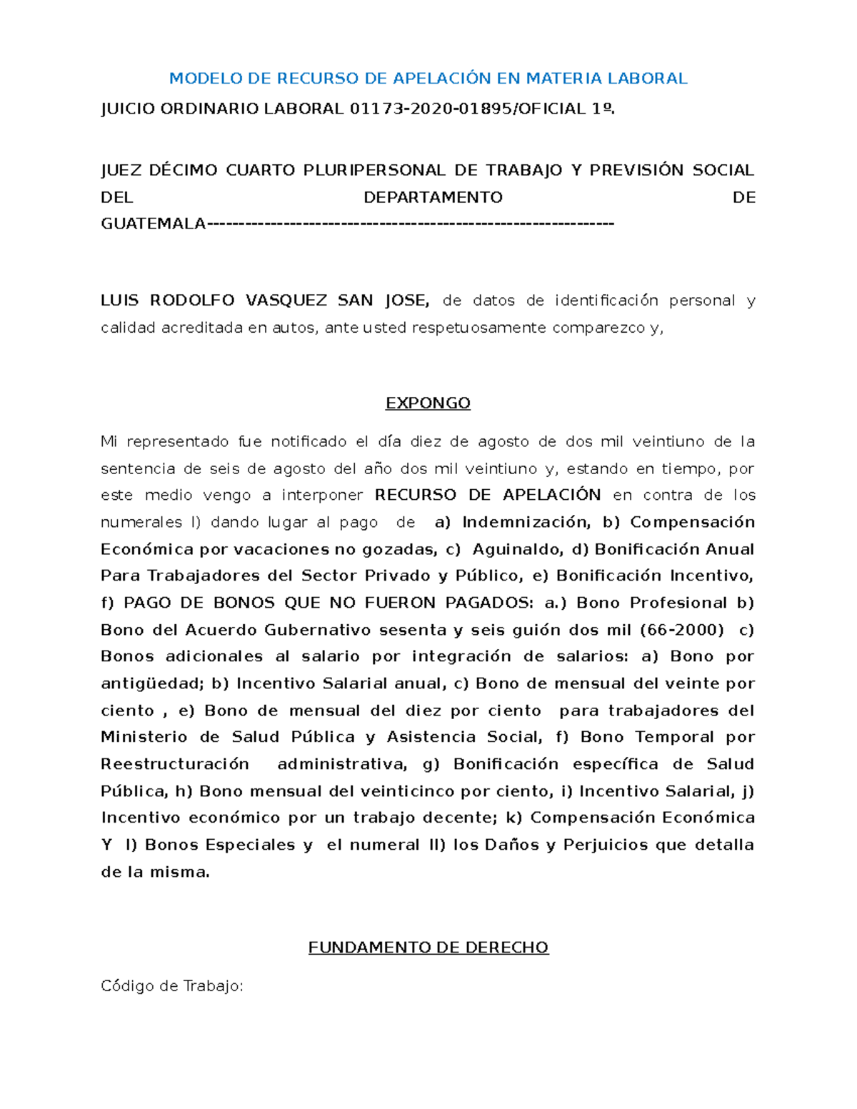 Esquema De Recurso De Apelacion En Materia Laboral Recurso De Porn