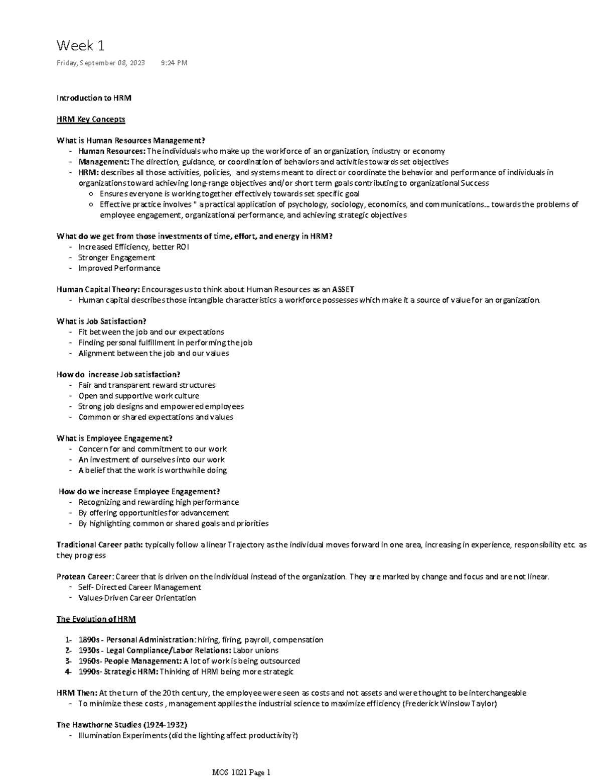 Week 1 Lecture Notes Introduction To Hrm Hrm Key Concepts What Is