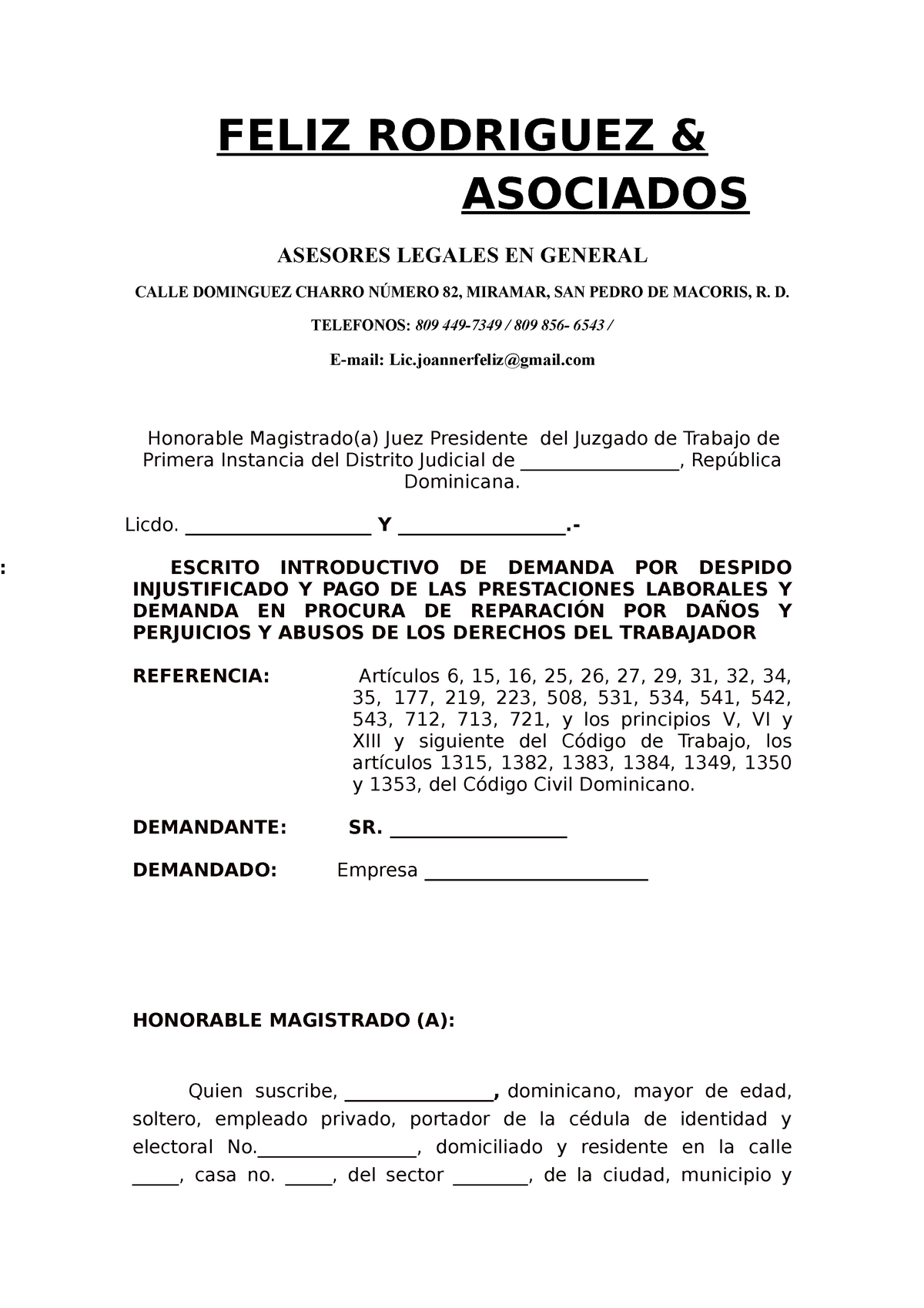 Demanda Laboral Por Despido Injustificado Feliz Rodriguez And Asociados