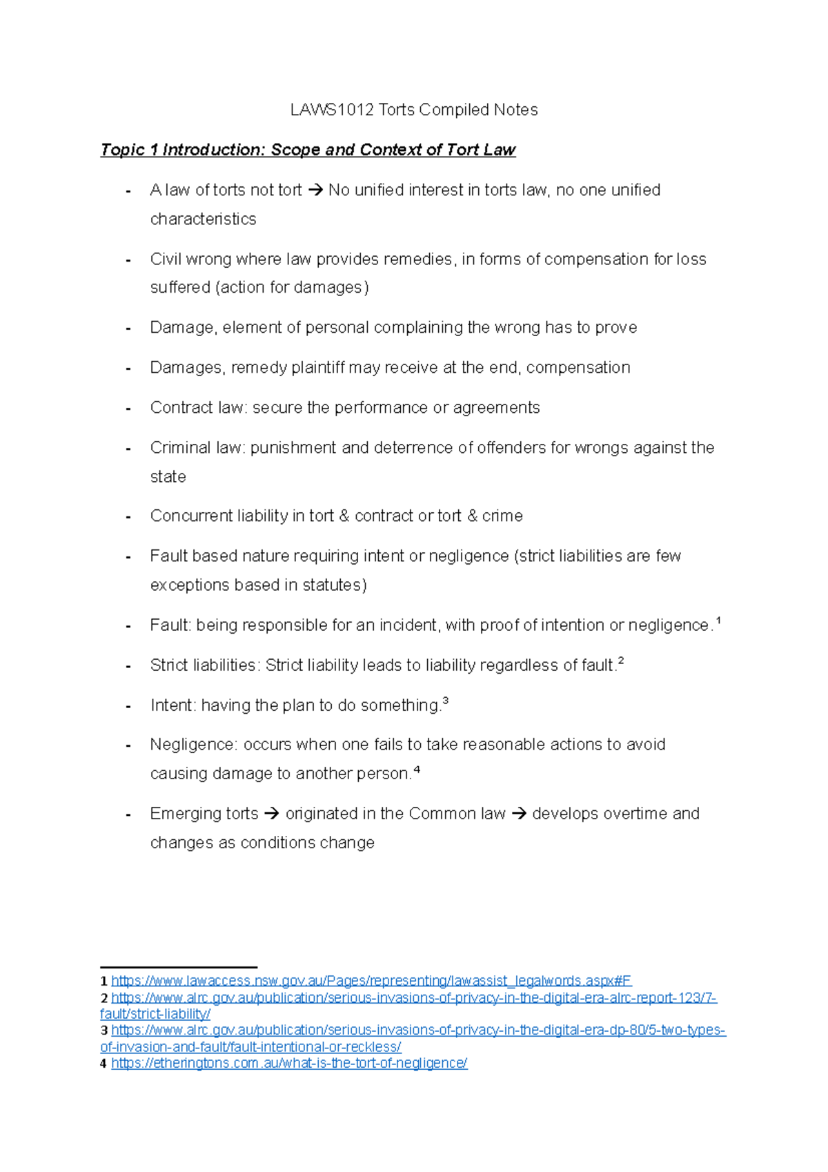 Laws1012 Compiled Notes Laws1012 Torts Compiled Notes Topic 1