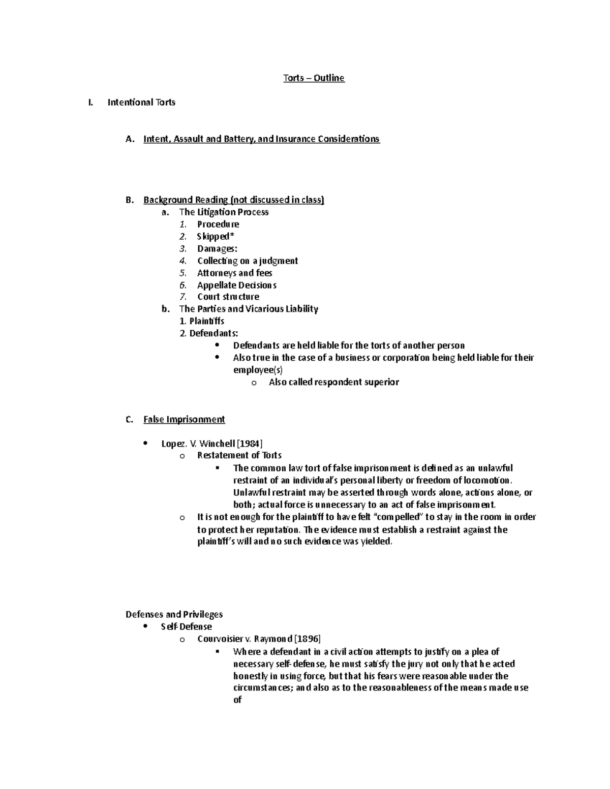 Torts Outline Torts Outline I Intentional Torts A Intent