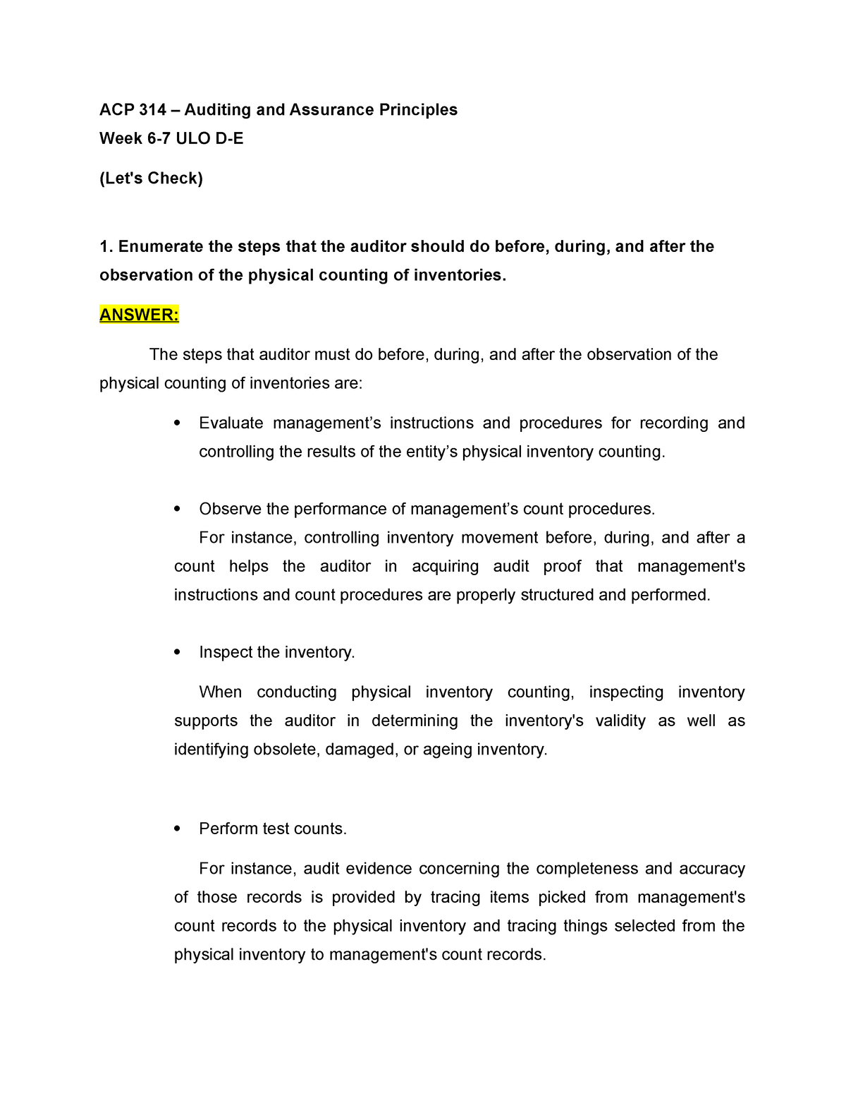 Auditing And Assurance Principles Week 6 7 Ulo D E Acp 314 Auditing