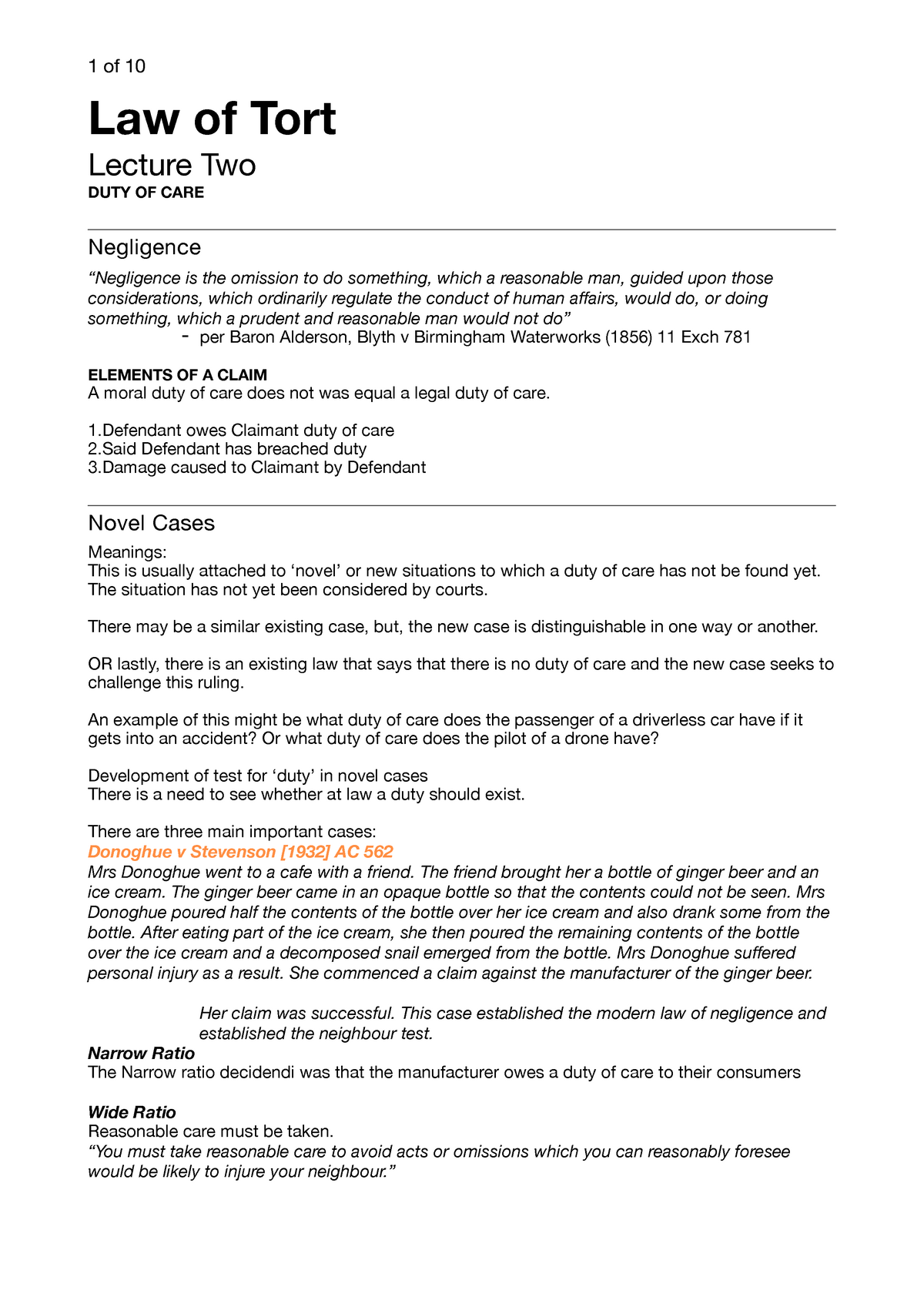 Law Of Tort Lecture Two Duty Of Care Law Of Tort Lecture Two Duty