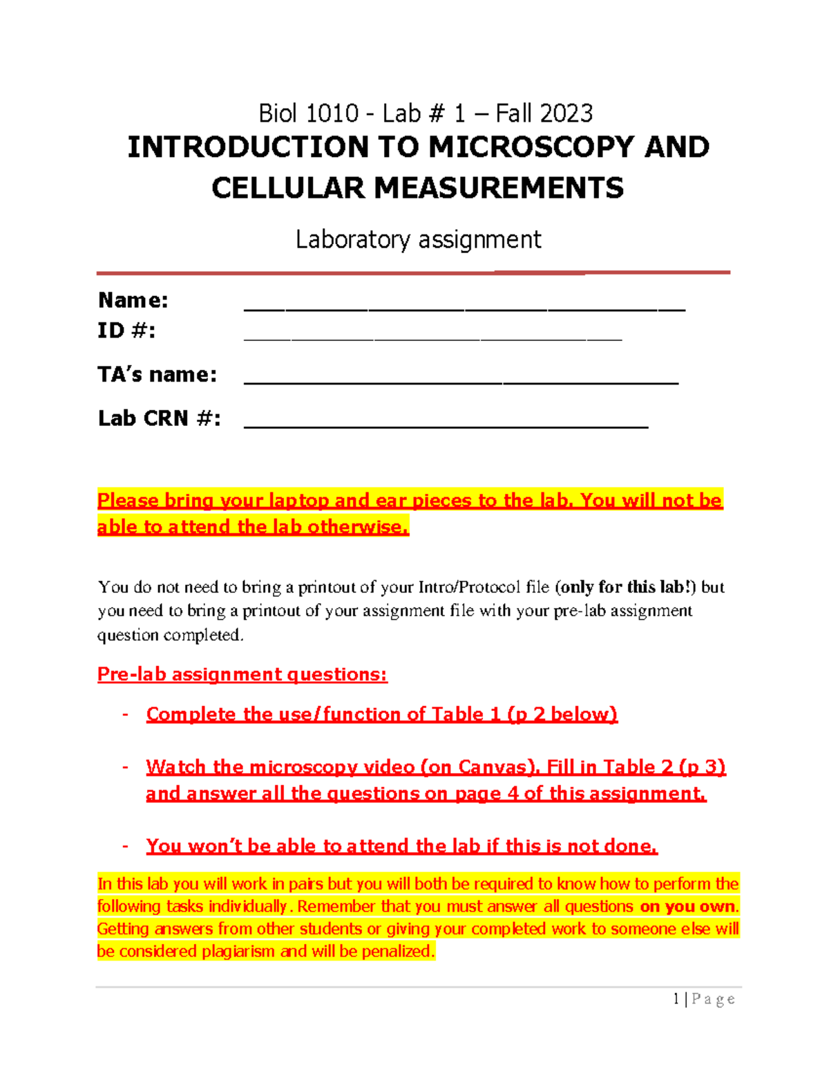 Lab 1 Intro To Microscopy Lab Assignment F2023 Biol 1010 Lab