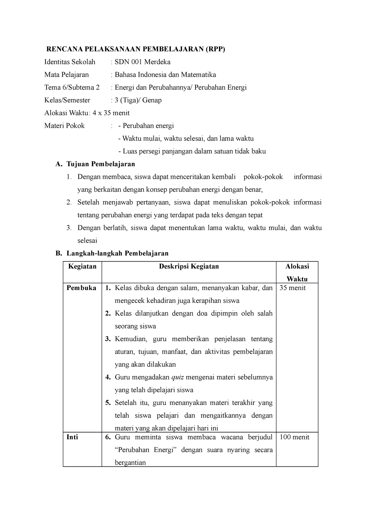 Rpp Kelas 3 Tema 6 Subtema 4 Rencana Pelaksanaan Pembelajaran Rpp