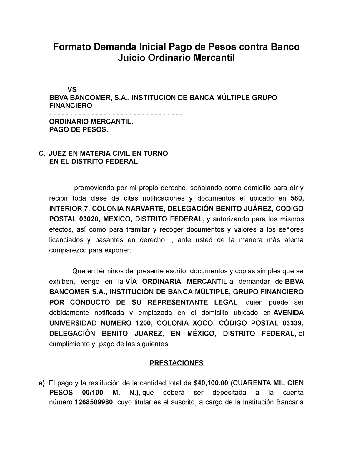 Formato Demanda Inicial Pago De Pesos Contra Banco Juicio Ordinario