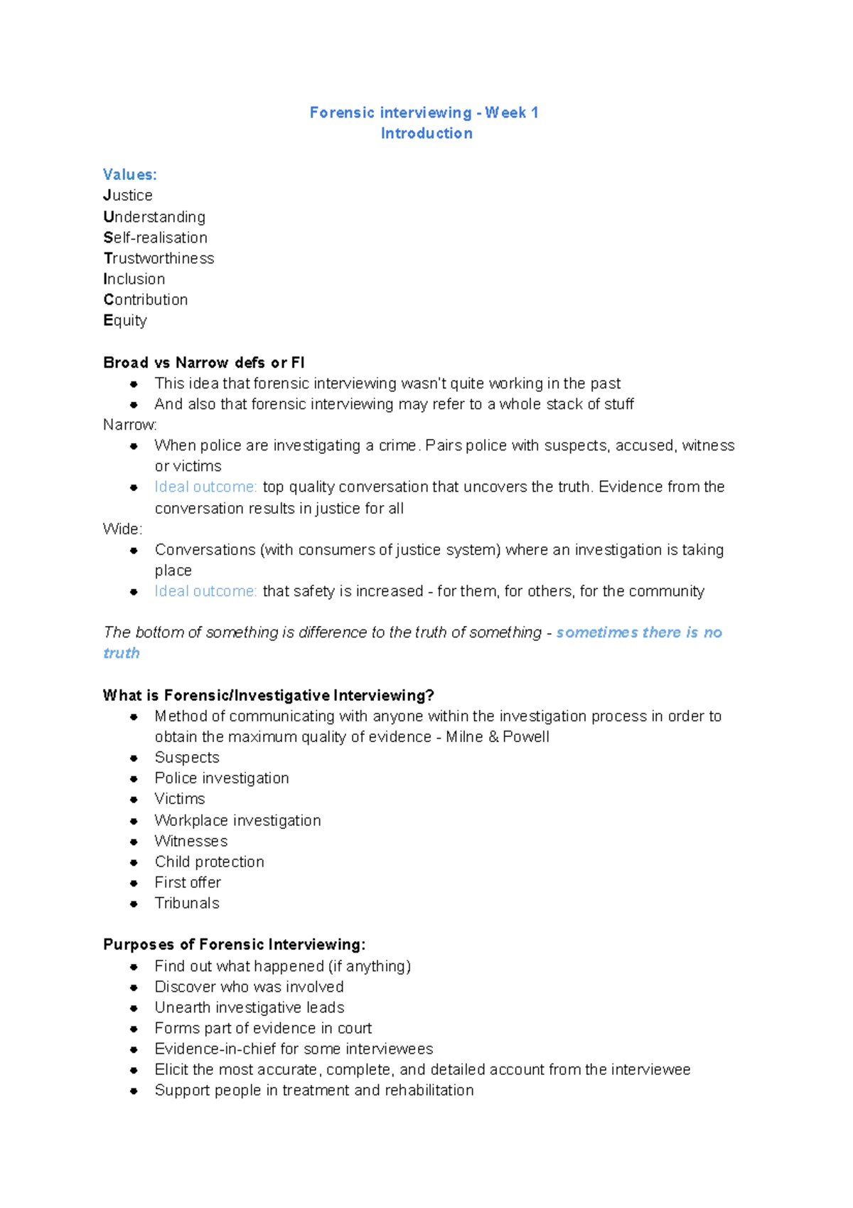 Introduction Week 1 Summary Notes Forensic Interviewing Week 1