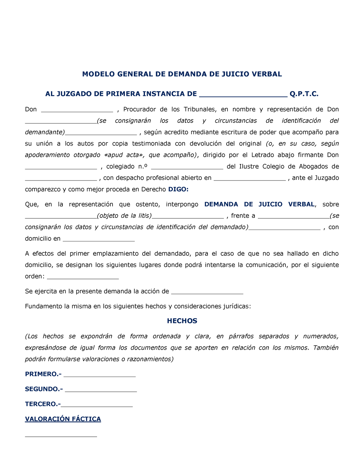 Modelo General De Demanda De Juicio Verbal Modelo General De Demanda