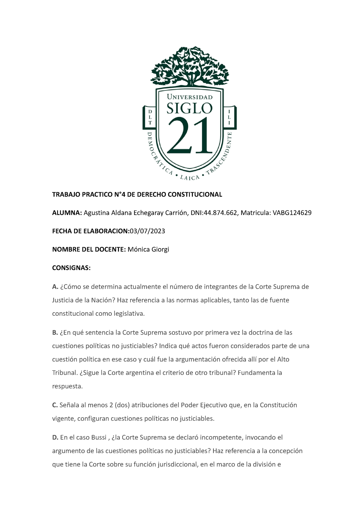 Trabajo Practico 4 De Derecho Constitucional Trabajo Practico N°4 De