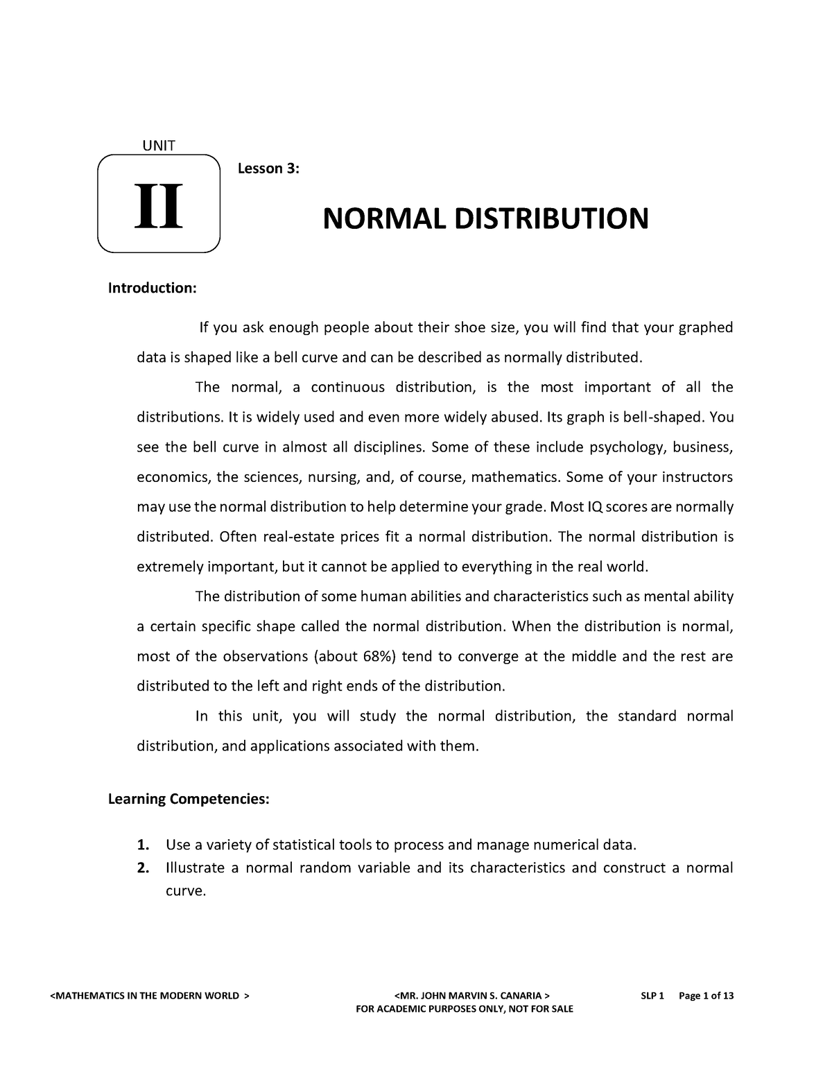 Week 4 Midterm Lesson 4 Normal Distribution Lesson 3 Normal