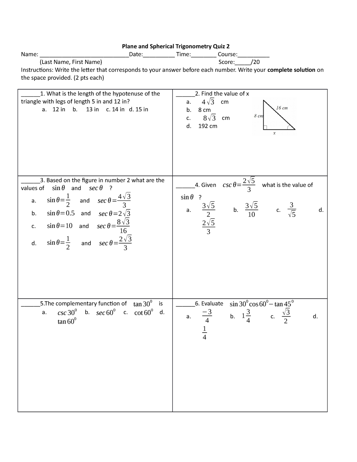 Pst And Ca Quiz 2 Plane And Spherical Trigonometry Plane And